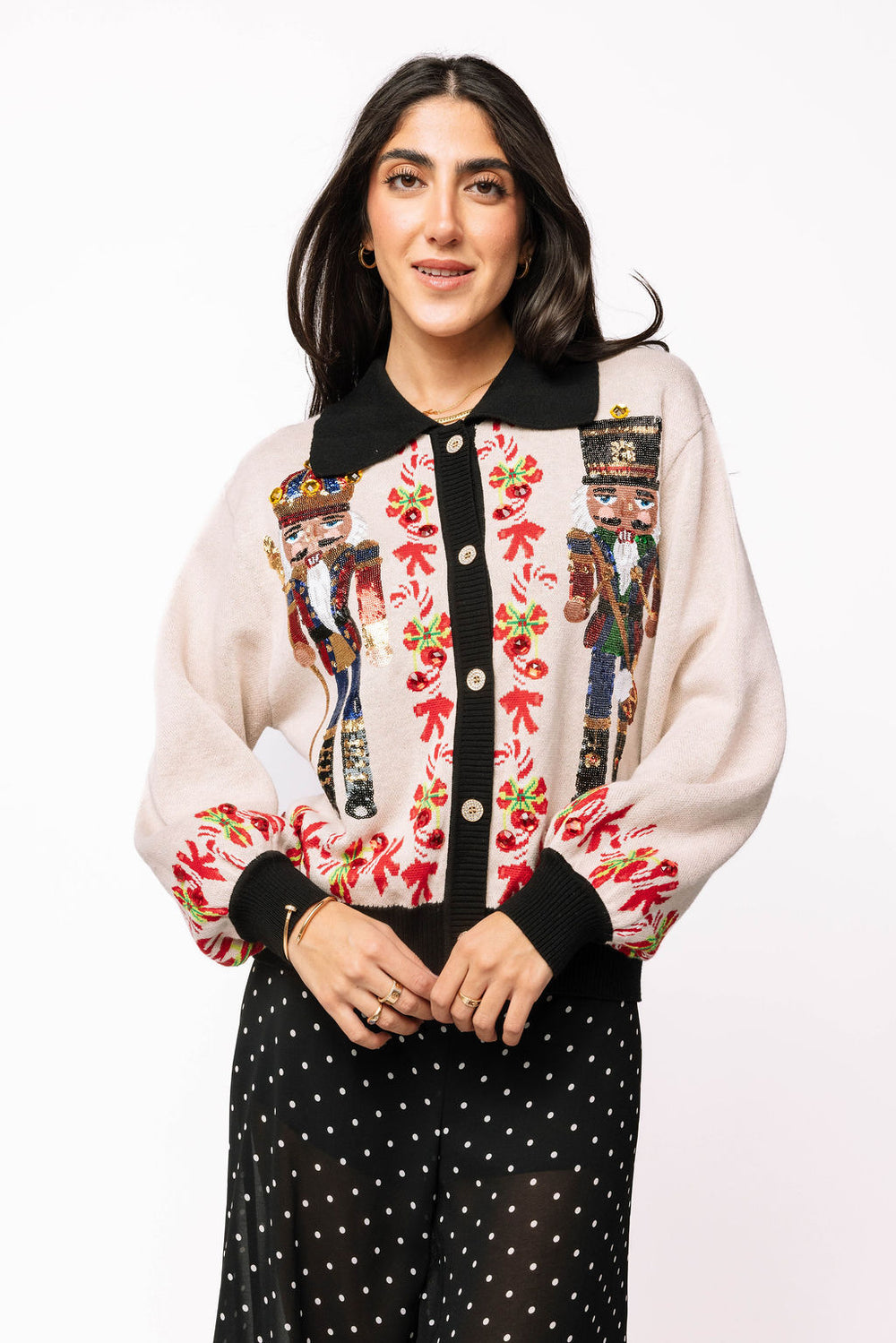 Black Trim Collar Nutcracker & Candy Cane Button Up Cardigan | Queen o